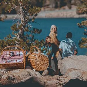 PICNIC TIME - Barrel Wicker Picnic Basket for 2 - Picnic Set - Wine Picnic Basket, (Red & White Gingham Pattern)