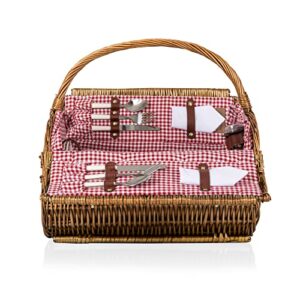 PICNIC TIME - Barrel Wicker Picnic Basket for 2 - Picnic Set - Wine Picnic Basket, (Red & White Gingham Pattern)