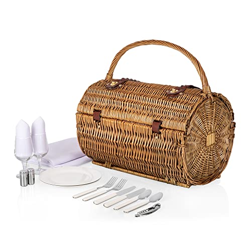 PICNIC TIME - Barrel Wicker Picnic Basket for 2 - Picnic Set - Wine Picnic Basket, (Red & White Gingham Pattern)