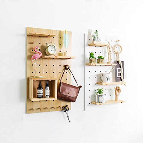 Creation Core Wooden Pegboard with 2 Floating Shelves & 6 Pegs Hooks Wall Storage Organizer System for Office Home Kitchen Decor 15.7x15.7, White