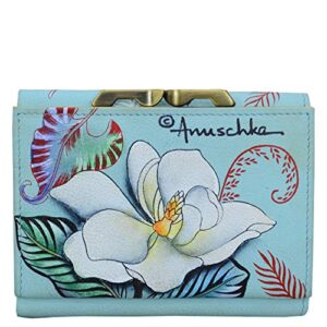 Anuschka Hand-Painted Genuine Leather Women's RFID Blocking Small Flap French Wallet - Jardin Bleu