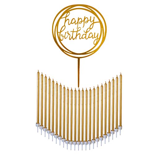 24 Count Tall Thin Metallic Gold Slow Burning Birthday Candles in Holders with Matching Elegant Classy Cake Topper for Special Custom Birthday Cake Cupcake Candle Decorations by Dream VZN