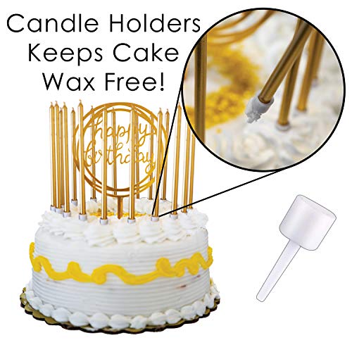 24 Count Tall Thin Metallic Gold Slow Burning Birthday Candles in Holders with Matching Elegant Classy Cake Topper for Special Custom Birthday Cake Cupcake Candle Decorations by Dream VZN