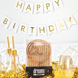 24 Count Tall Thin Metallic Gold Slow Burning Birthday Candles in Holders with Matching Elegant Classy Cake Topper for Special Custom Birthday Cake Cupcake Candle Decorations by Dream VZN