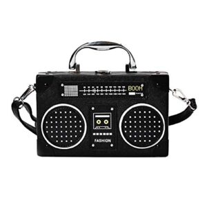 clara vintage radio shaped crossbody bag clip clasp shoulder bag pu leather top handle purse black