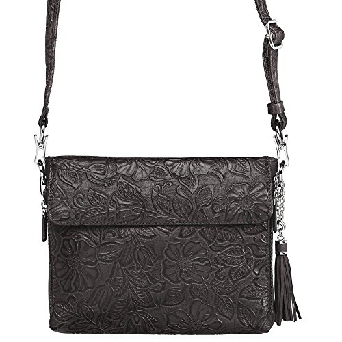 Concealed Carry Purse - Leather Tooled American Cowhide Crossbody by Gun Tote'n Mamas (Black)