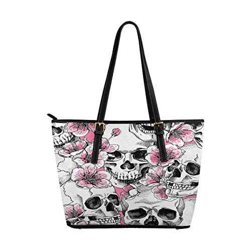 InterestPrint Top Handle Satchel HandBags Shoulder Bags Tote Bags Purse a Skull and With Flower Pink Cherry