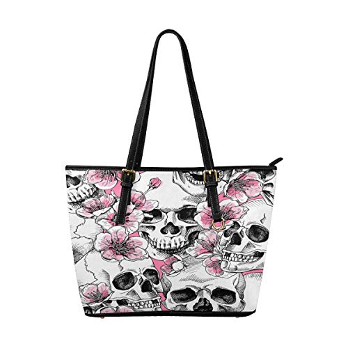 InterestPrint Top Handle Satchel HandBags Shoulder Bags Tote Bags Purse a Skull and With Flower Pink Cherry