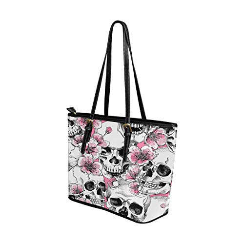 InterestPrint Top Handle Satchel HandBags Shoulder Bags Tote Bags Purse a Skull and With Flower Pink Cherry