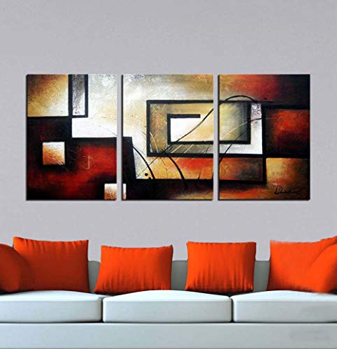 ARTLAND Modern 100% Hand Painted Abstract Oil Painting on Canvas The Maze Of Memory 3-Piece Gallery-Wrapped Framed Wall Art Ready to Hang for Living Room for Wall Decor Home Decoration 24x48inches