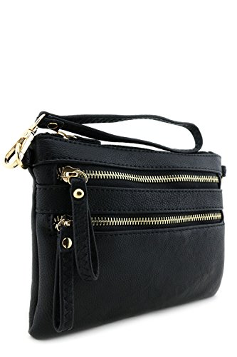 FashionPuzzle Multi Zipper Pocket Small Wristlet Crossbody Bag (Black)