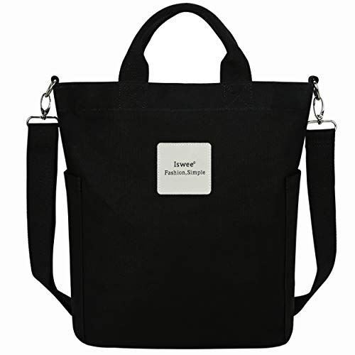 Iswee Canvas Tote Bag for Women Casual Shoulder Work Bag Crossbody Top Handle Bag Shopping Handbags for Women (Black)