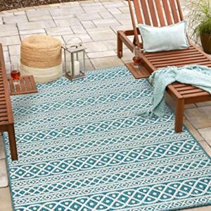 RUGBUGGERY Indoor Outdoor Anti-Fade Moroccan Boho Panel Area Rug 8'x10' Ocean Blue (Bohemian, Southwestern, Transitional, Pet Friendly, Non Shedding, Stain Resistant)