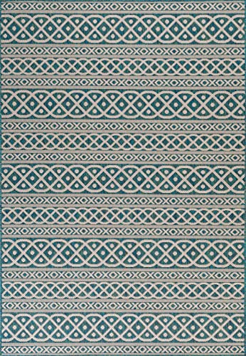 RUGBUGGERY Indoor Outdoor Anti-Fade Moroccan Boho Panel Area Rug 8'x10' Ocean Blue (Bohemian, Southwestern, Transitional, Pet Friendly, Non Shedding, Stain Resistant)