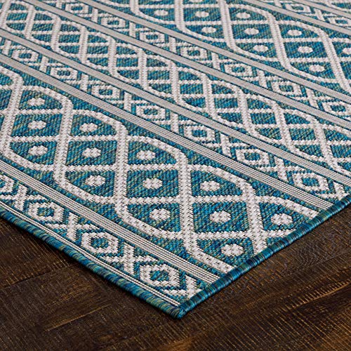 RUGBUGGERY Indoor Outdoor Anti-Fade Moroccan Boho Panel Area Rug 8'x10' Ocean Blue (Bohemian, Southwestern, Transitional, Pet Friendly, Non Shedding, Stain Resistant)