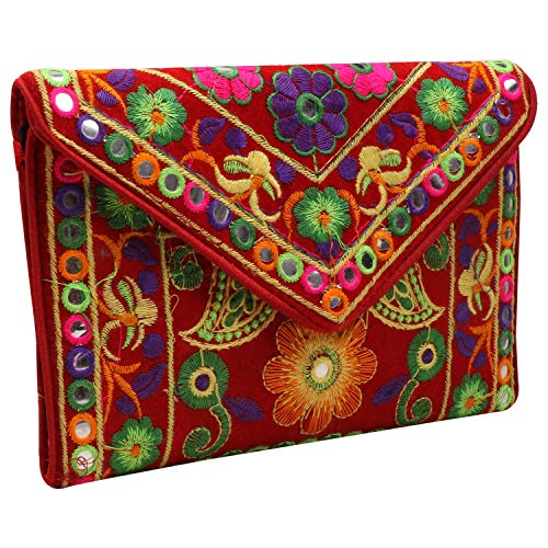 12 X 8 Women Evening Party Clutch Indian Embroidered Patches Work Shoulder and Cross body Strap Magnetic Closure