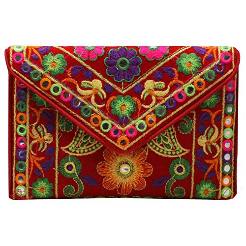 12 X 8 Women Evening Party Clutch Indian Embroidered Patches Work Shoulder and Cross body Strap Magnetic Closure