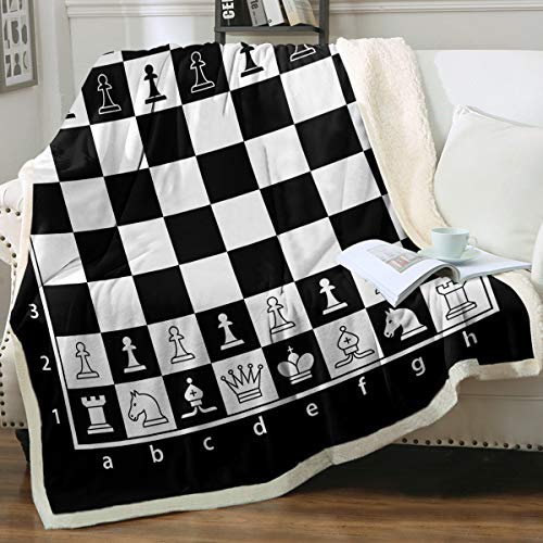 Sleepwish Chess Board Sherpa Fleece Throw Blanket Grid Checkered Pattern Super Warm Lightweight Bed Couch Blankets, Black and White, Throw(50"x60")