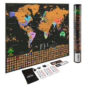 scratch off world map poster – deluxe travel map, scratch off map of the world with us states and country flags, tracks where you have been, full accessories set, gift for travelers, by earthabitats