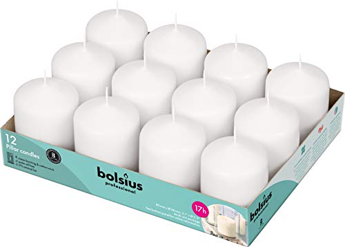 BOLSIUS Set of 12 White Pillar Candles -2.25-x3 inch Unscented Candle Set - Dripless Clean Burning Smokeless Dinner Candle - Perfect for Wedding Candles, Parties and Special Occasions