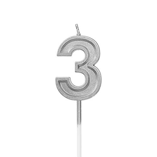 LUTER Silver Glitter Happy Birthday Cake Candles Number Candles Number 3 Birthday Candle Cake Topper Decoration for Party Kids Adults (Number 3)