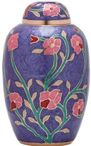 ansons urns cremation urn – flower funeral urn for human ashes – burial urn with lacquer finish – 100% brass – flora blue