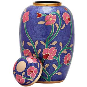 Ansons Urns Cremation Urn - Flower Funeral Urn for Human Ashes - Burial urn with Lacquer Finish - 100% Brass - Flora Blue