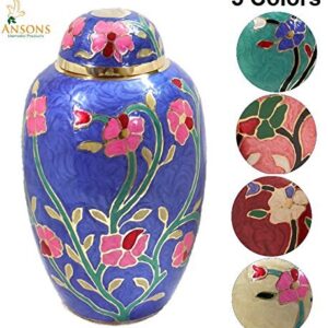 Ansons Urns Cremation Urn - Flower Funeral Urn for Human Ashes - Burial urn with Lacquer Finish - 100% Brass - Flora Blue