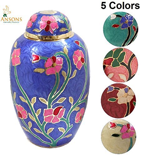 Ansons Urns Cremation Urn - Flower Funeral Urn for Human Ashes - Burial urn with Lacquer Finish - 100% Brass - Flora Blue