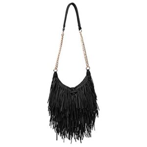 lui sui women’s fashion fringed shoulder bag tassel cross body bags (black)