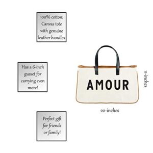 Santa Barbara Design Studio Tote Bag Wedding Collection Black and White 100% Cotton Canvas with Genuine Leather Handles, Large, Amour