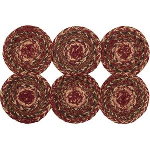 vhc brands cider mill striped textured jute primitive tabletop kitchen round coaster set of 6, burgundy red