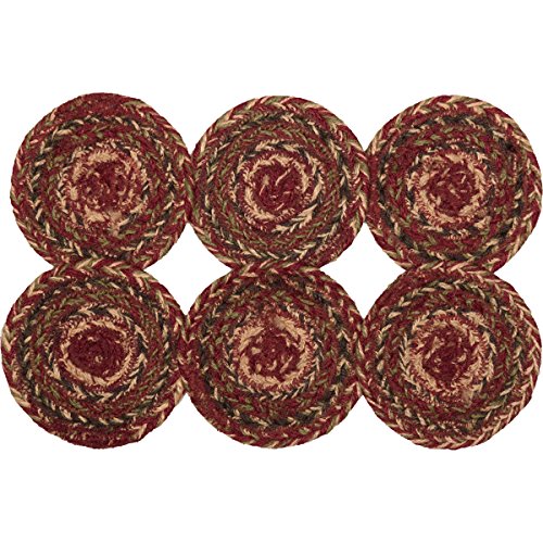 VHC Brands Cider Mill Striped Textured Jute Primitive Tabletop Kitchen Round Coaster Set of 6, Burgundy Red