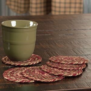 VHC Brands Cider Mill Striped Textured Jute Primitive Tabletop Kitchen Round Coaster Set of 6, Burgundy Red