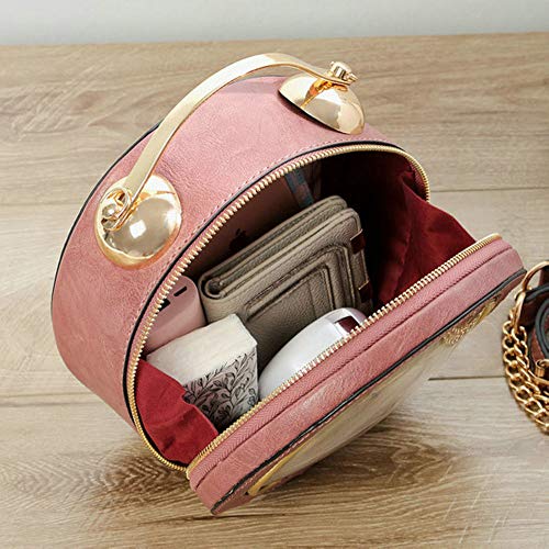 Clock Bag Real Working,Vintage Crossbody Messenger Bag, SteamPunk Style Shape Leather Bag Circular Handbag Chain Shoulder Female bag (Pink)