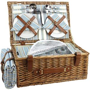 wicker picnic basket set for 4 persons | large willow hamper with large insulated cooler compartment, free waterproof blanket and cutlery service kit-classical brown