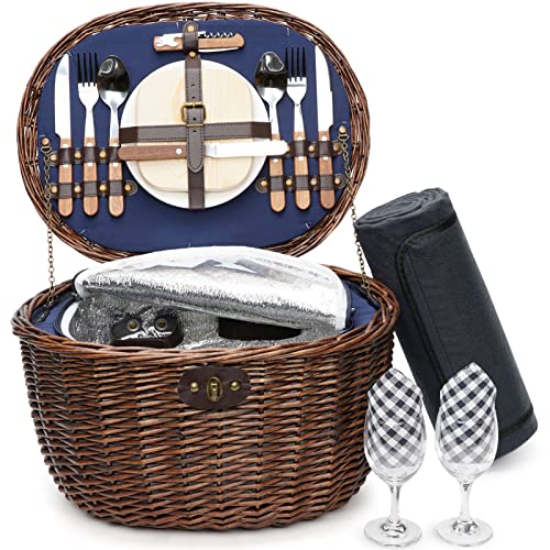 Unique Willow Picnic Basket for 2 Persons, Natural Wicker Picnic Hamper with Service Set and Insulated Cooler Bag - Best Gifts for Father Mother