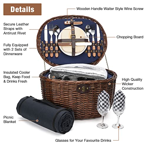 Unique Willow Picnic Basket for 2 Persons, Natural Wicker Picnic Hamper with Service Set and Insulated Cooler Bag - Best Gifts for Father Mother