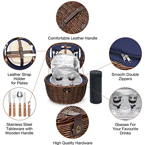 Unique Willow Picnic Basket for 2 Persons, Natural Wicker Picnic Hamper with Service Set and Insulated Cooler Bag - Best Gifts for Father Mother