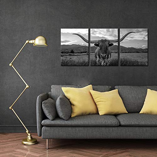 iKNOW FOTO Farm Animals Art Prints Black and White Highland Cattle with Long Horns Picture Printed on Canvas Painting for Home Decor Modern Living Room Decorations Framed Ready to Hang 12x16inchx3pcs