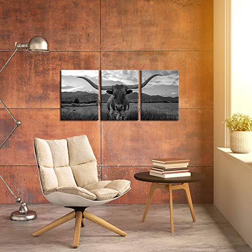 iKNOW FOTO Farm Animals Art Prints Black and White Highland Cattle with Long Horns Picture Printed on Canvas Painting for Home Decor Modern Living Room Decorations Framed Ready to Hang 12x16inchx3pcs