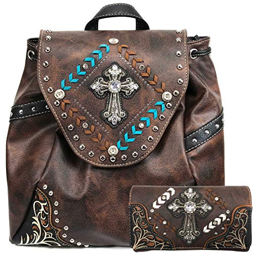 Justin West Trendy Western Cross Rhinestone Conceal Carry Women Backpack Purse (Coffee Turquoise Wallet Set)