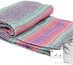 Open Road Goods Light Pastel Mexican Falsa Blanket - Pink Grey Purple and Mint/Teal - Great as a Beach Blanket, Picnic Blanket, Yoga Blanket, or a Throw! Handwoven