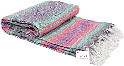 Open Road Goods Light Pastel Mexican Falsa Blanket - Pink Grey Purple and Mint/Teal - Great as a Beach Blanket, Picnic Blanket, Yoga Blanket, or a Throw! Handwoven