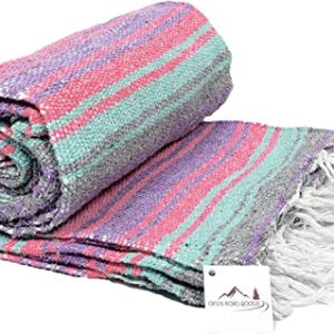 Open Road Goods Light Pastel Mexican Falsa Blanket - Pink Grey Purple and Mint/Teal - Great as a Beach Blanket, Picnic Blanket, Yoga Blanket, or a Throw! Handwoven