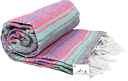 Open Road Goods Light Pastel Mexican Falsa Blanket - Pink Grey Purple and Mint/Teal - Great as a Beach Blanket, Picnic Blanket, Yoga Blanket, or a Throw! Handwoven