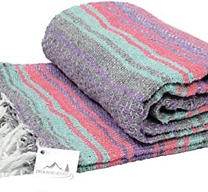 Open Road Goods Light Pastel Mexican Falsa Blanket - Pink Grey Purple and Mint/Teal - Great as a Beach Blanket, Picnic Blanket, Yoga Blanket, or a Throw! Handwoven