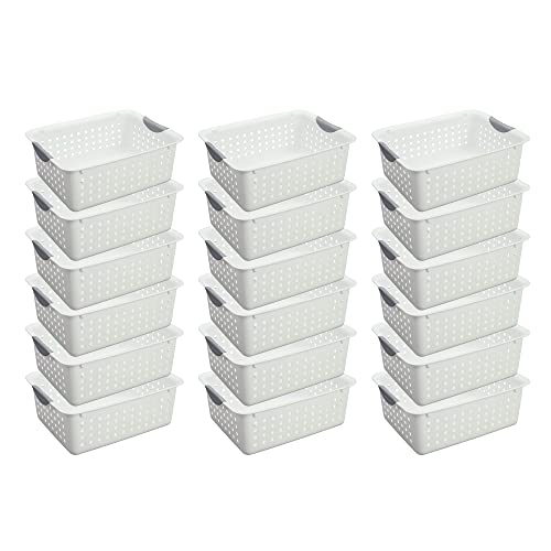 Sterilite Medium Ultra Ventilated Open Top Plastic Storage Organizer Basket with Gray Contoured Carrying Handles, White (18 Pack)