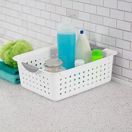 Sterilite Medium Ultra Ventilated Open Top Plastic Storage Organizer Basket with Gray Contoured Carrying Handles, White (18 Pack)