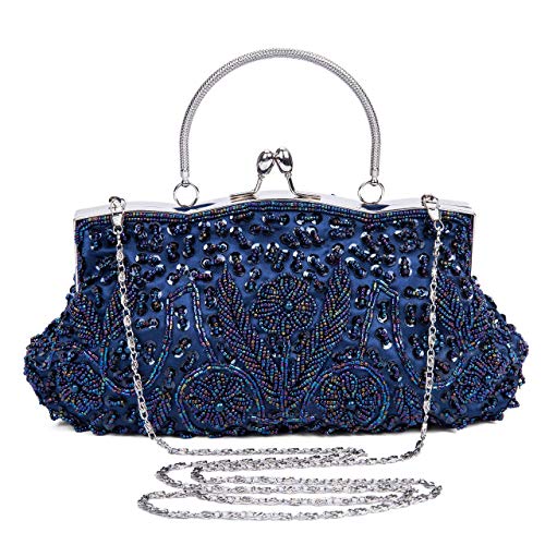 LIFEWISH Women's Evening Bag Beaded Sequin Design Metal Frame Kissing Lock Satin Interior Evening Clutch